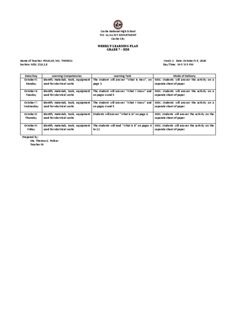 Weekly Learning Plan Grade 7 - Eim | PDF