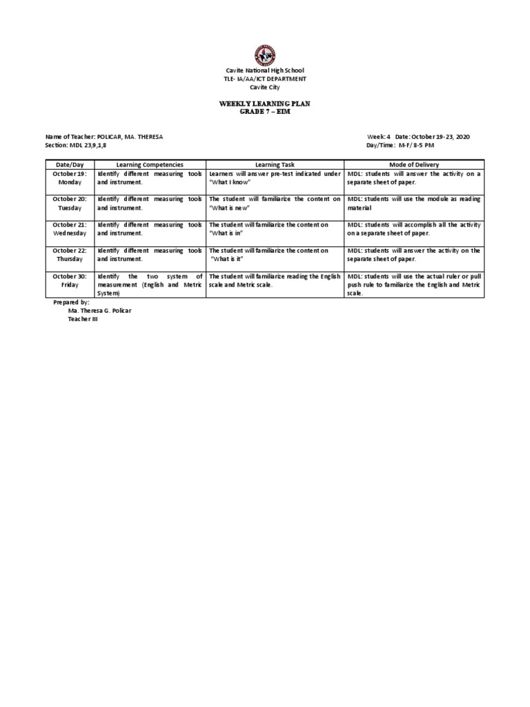 Weekly Learning Plan Grade 7 - Eim | PDF