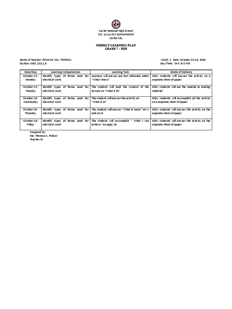 Weekly Learning Plan Grade 7 - Eim | PDF
