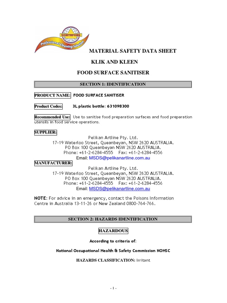 Material Safety Data Sheet Klik and Kleen Food Surface Sanitiser | PDF ...
