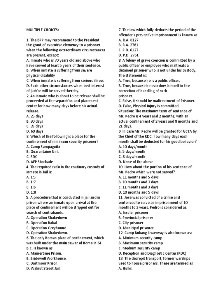 Multiple Choice Exam on Philippine Correctional System Laws and ...