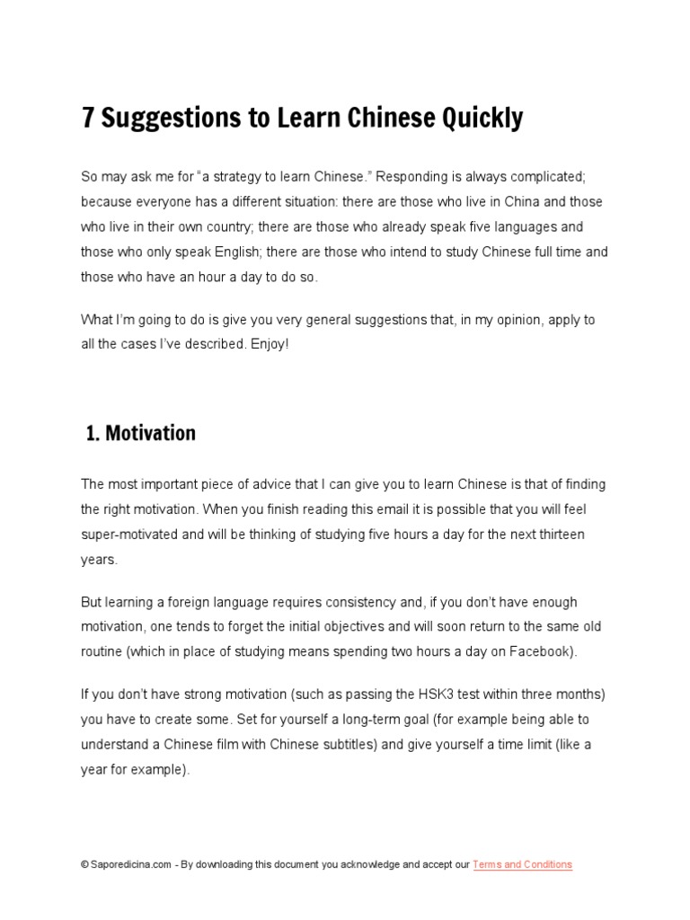 7 Suggestions To Learn Chinese Quickly: 1. Motivation | PDF | English ...