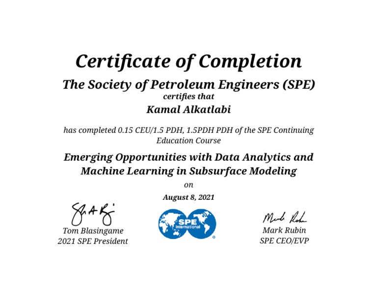 Certificate of Completion: The Society of Petroleum Engineers (SPE) | PDF