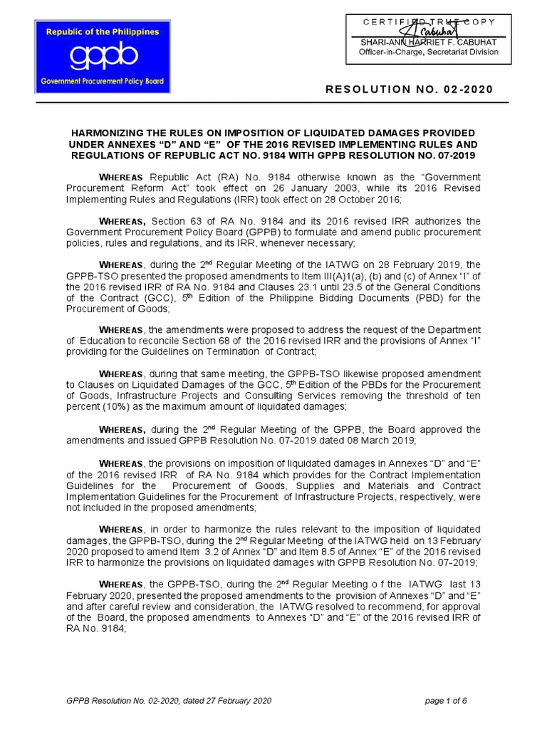 GPPB Resolution No 02 2020 | PDF | Liquidated Damages | Damages