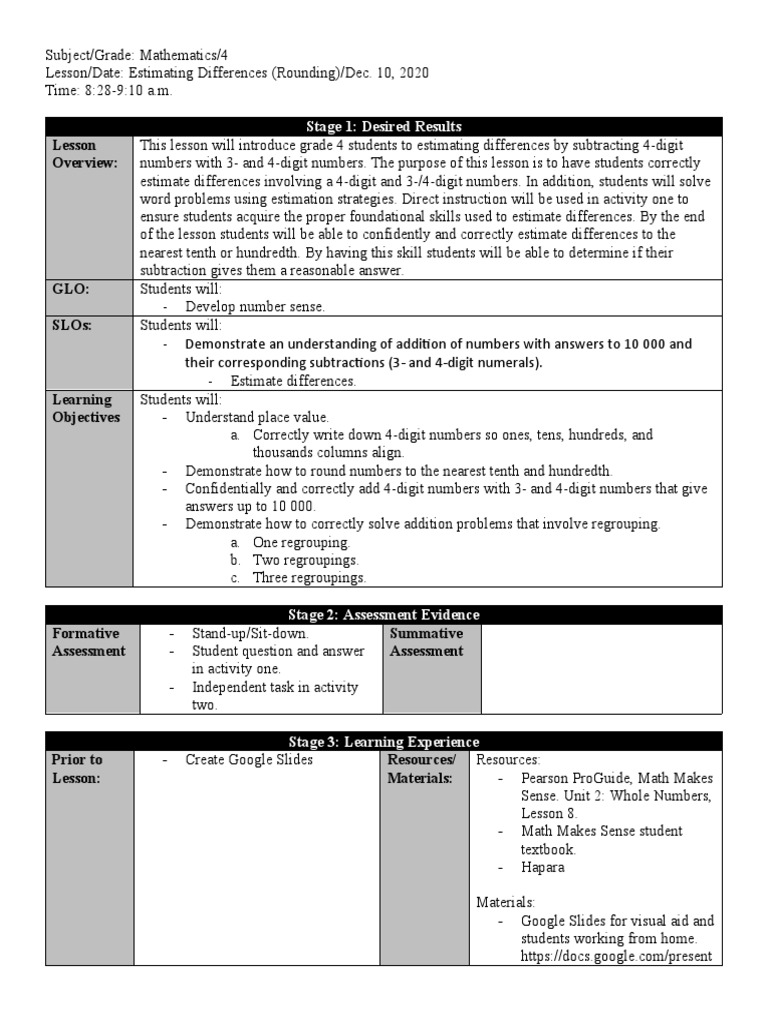 Grade 4 Math - Estimating Differences Rounding Dec | PDF ...
