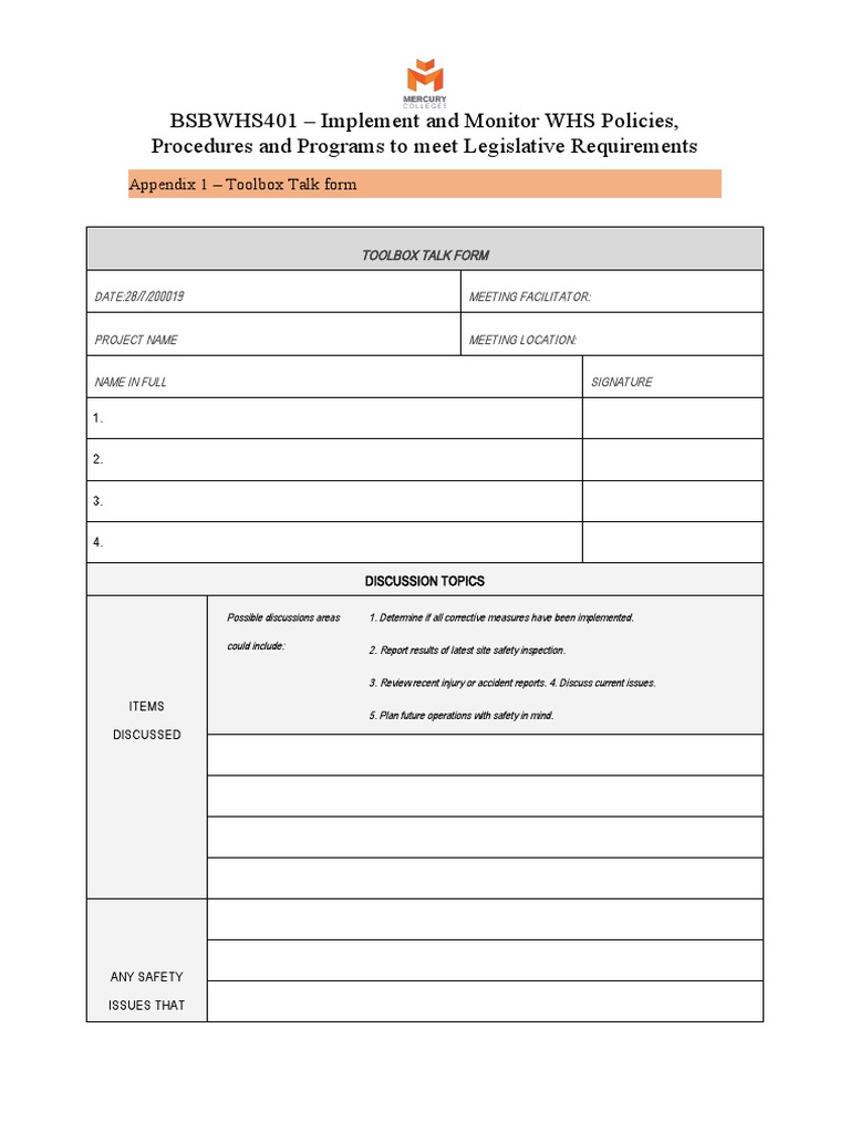 BSBWHS401 - Implement and Monitor WHS Policies, Procedures and Programs To Meet Legislative ...