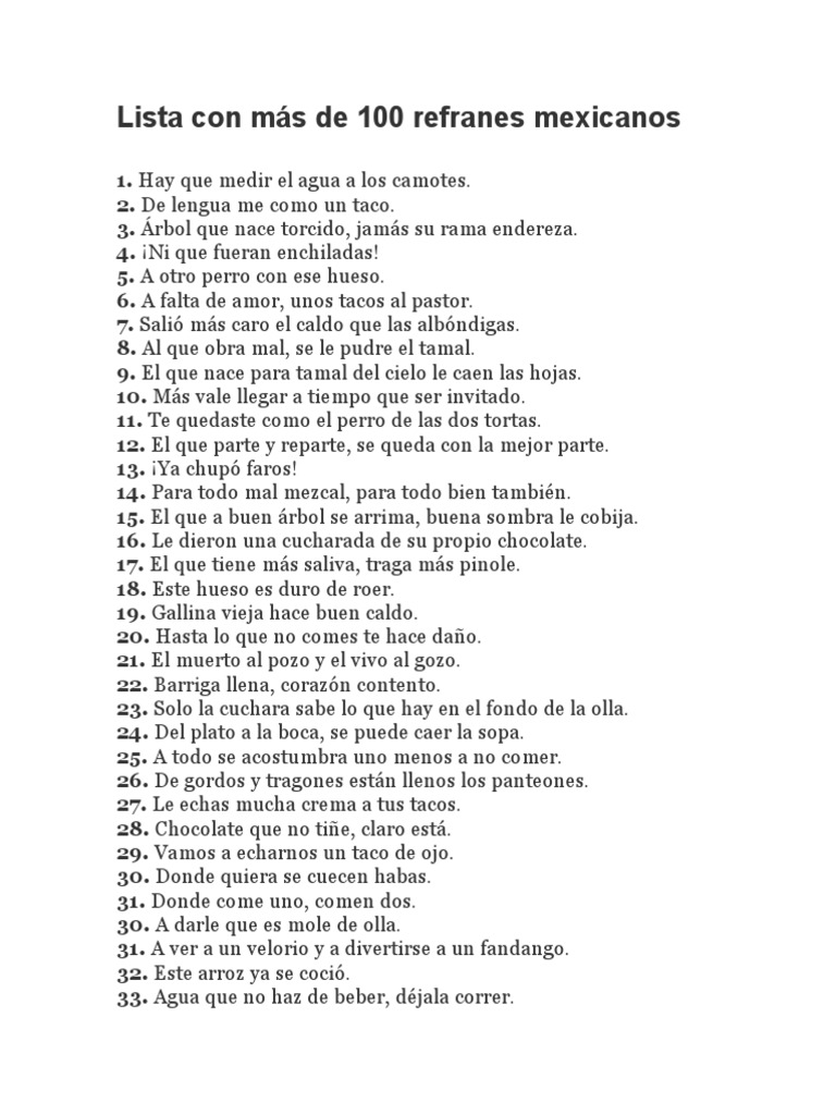 Lista Con Más de 100 Refranes Mexicanos | PDF | Cocina occidental | Comida regional y étnica