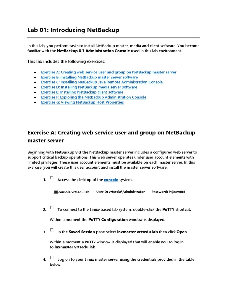 v01 NBU83ADM - Lab 01 Introducing NetBackup Linux | PDF | Command Line Interface | Superuser