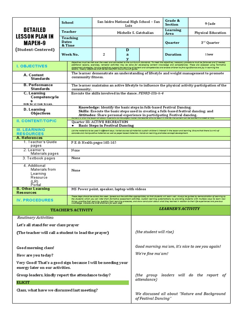 Detailed Lesson Plan in Festival Dancing | PDF | Learning | Teachers