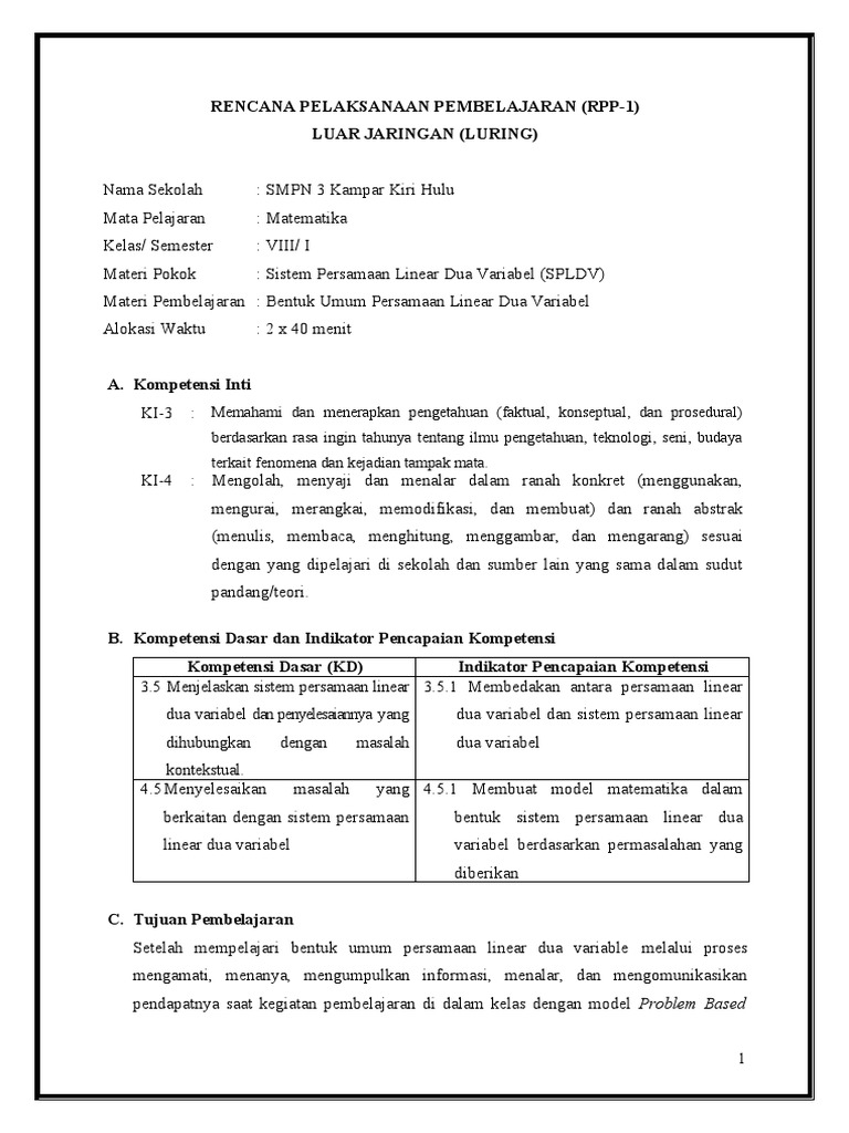 RPP Bentuk Umum SPLDV | PDF