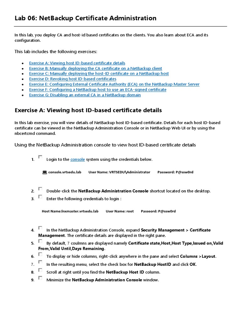 v06 NBU83ADM - Lab 06 NetBackup Certificate Administration Linux | PDF | Public Key Certificate ...