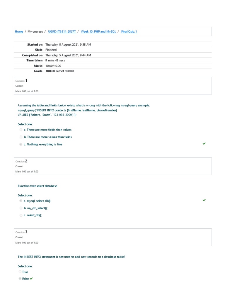 PHP and MySQL Quiz Results | PDF | Databases | Application Software