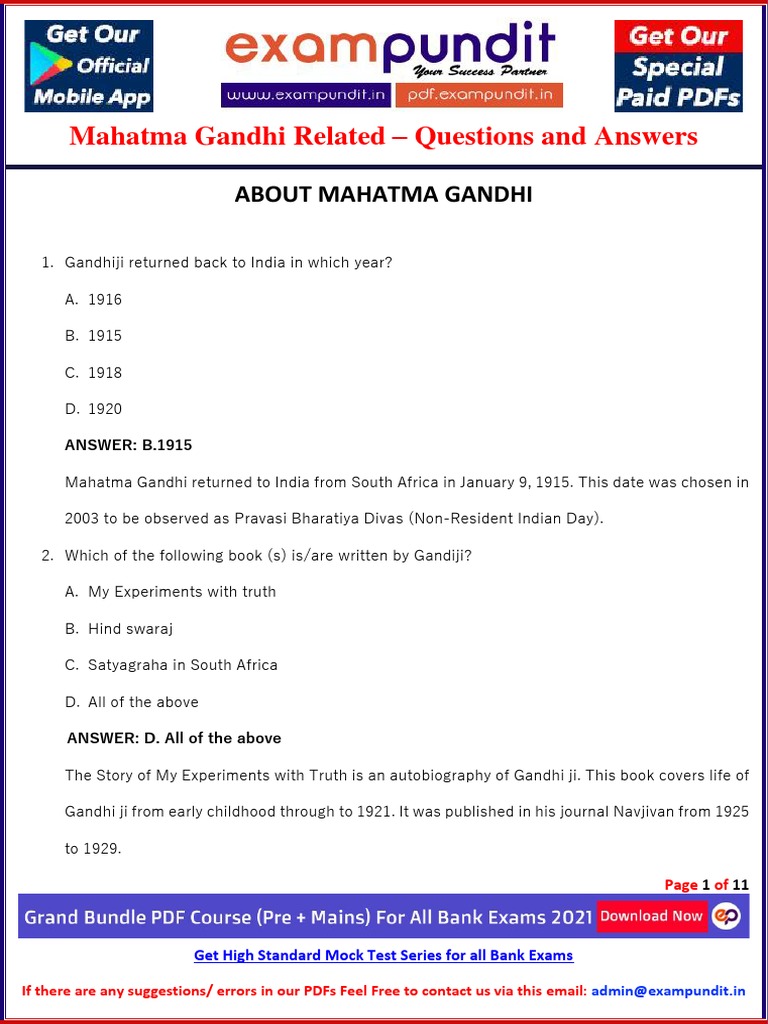 Mahatma Gandhi Related Questions and Answers PDF | PDF | Mahatma Gandhi ...