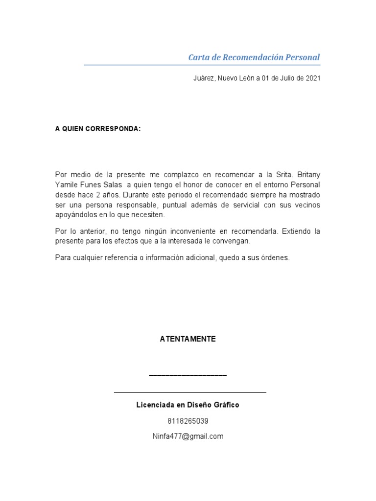 Formato de Carta de Recomendación Personal | PDF