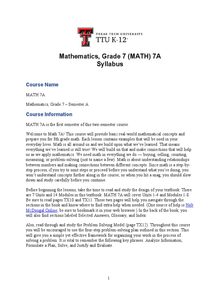 Texas 7th Grade Math Syllabus 7A | PDF | Textbook | Mathematics