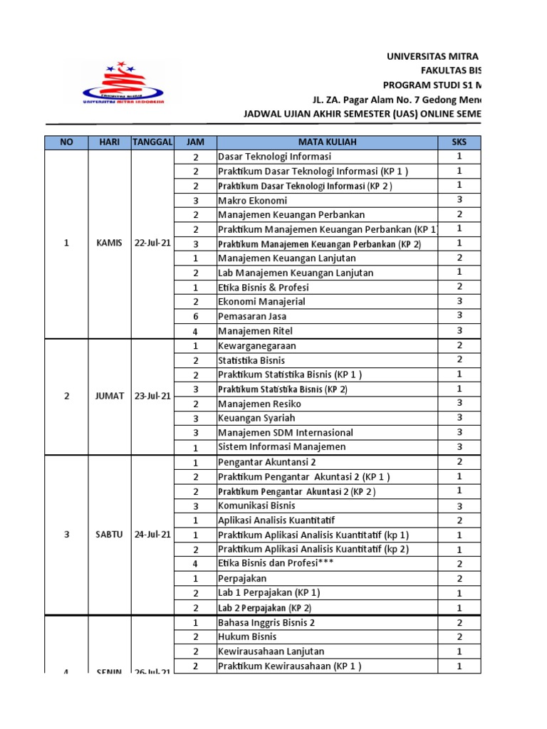 New Jadwal UAS S1 MGT | PDF