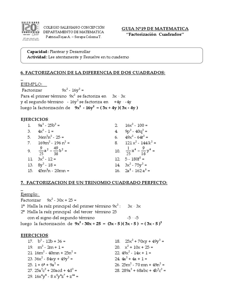 Guia N 19 Factorizaci N Cuadrados | PDF | Matemática Elemental | Factorización
