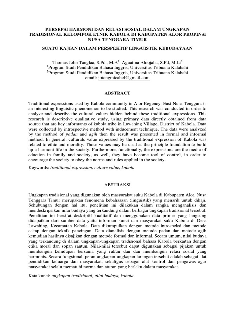 Naskah Article - Persepsi Harmoni Sosial Dalam Ungkapan Tradisional Msy Kabola | PDF