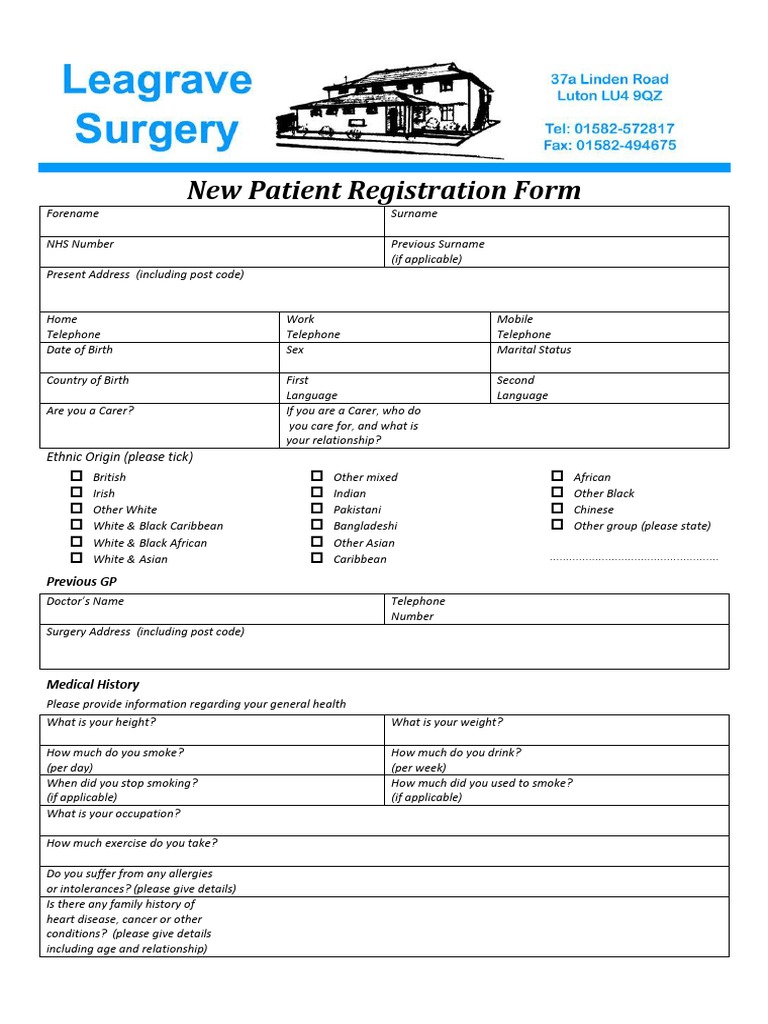 New Patient Registration Form | PDF | Health Economics | Health Care