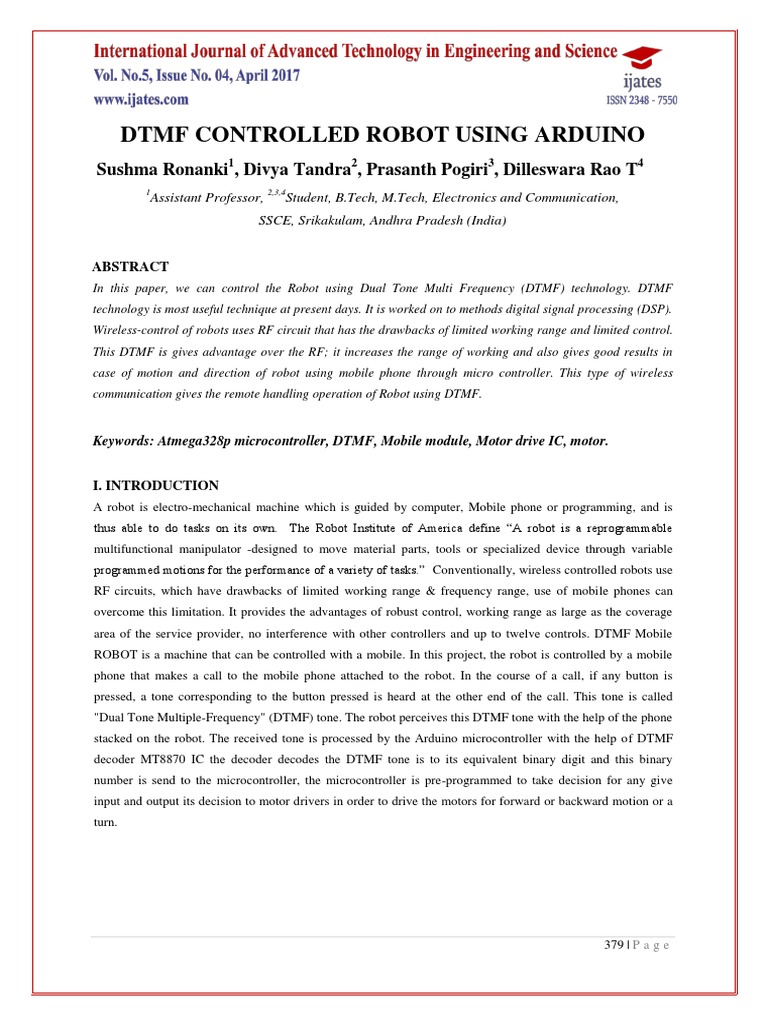 DTMF Controlled Robot Using Arduino: Sushma Ronanki, Divya Tandra ...