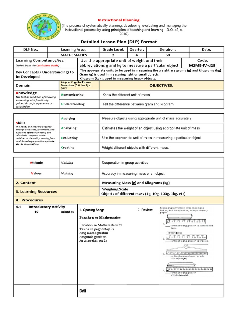 Detailed Lesson Plan (DLP) Format | PDF | Mass | Weight