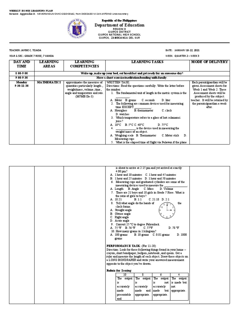 Grade 7 Weekly Learning Plan | PDF | Angle | Metre