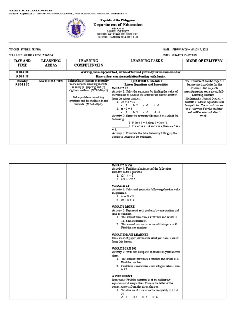 Weekly Home Learning Plan for Grade 7 | PDF | Equations | Numbers
