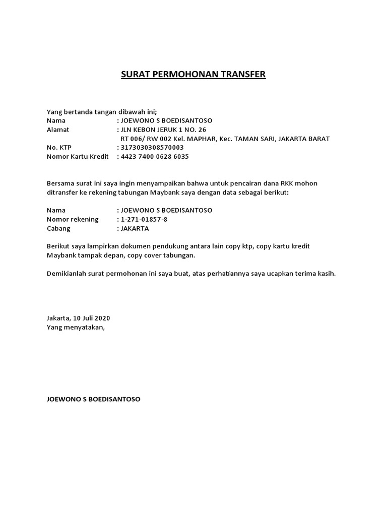 Surat Permohonan Transfer | PDF