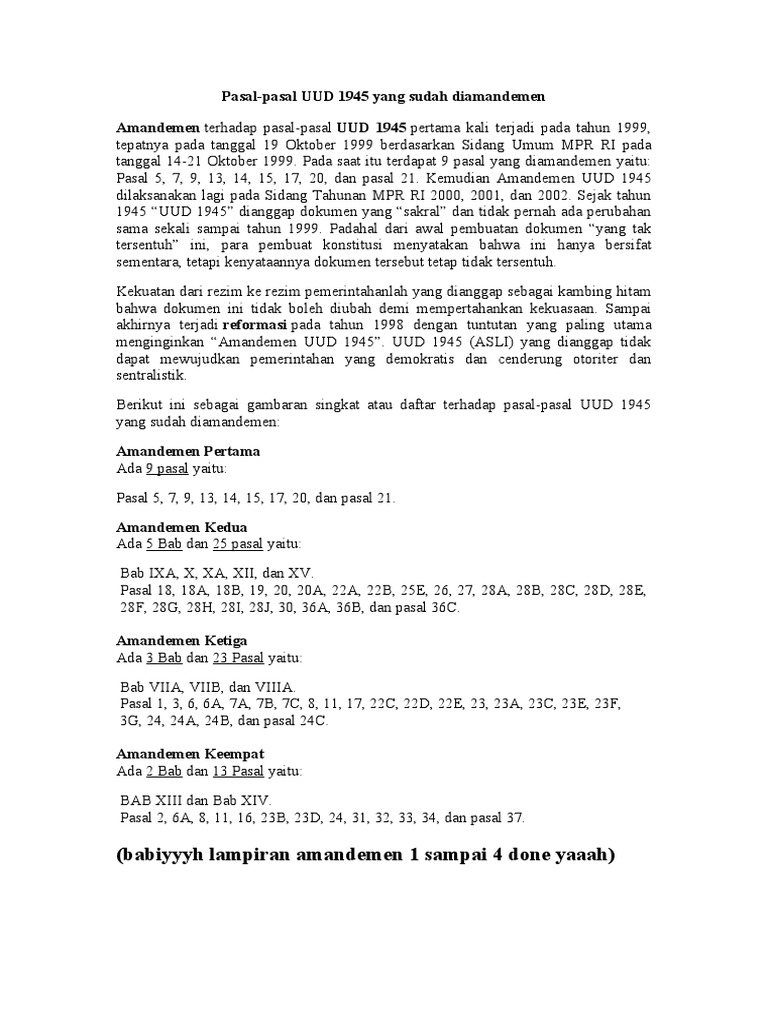 Pasal Pasal UUD 1945 Yang Sudah Diamande | PDF
