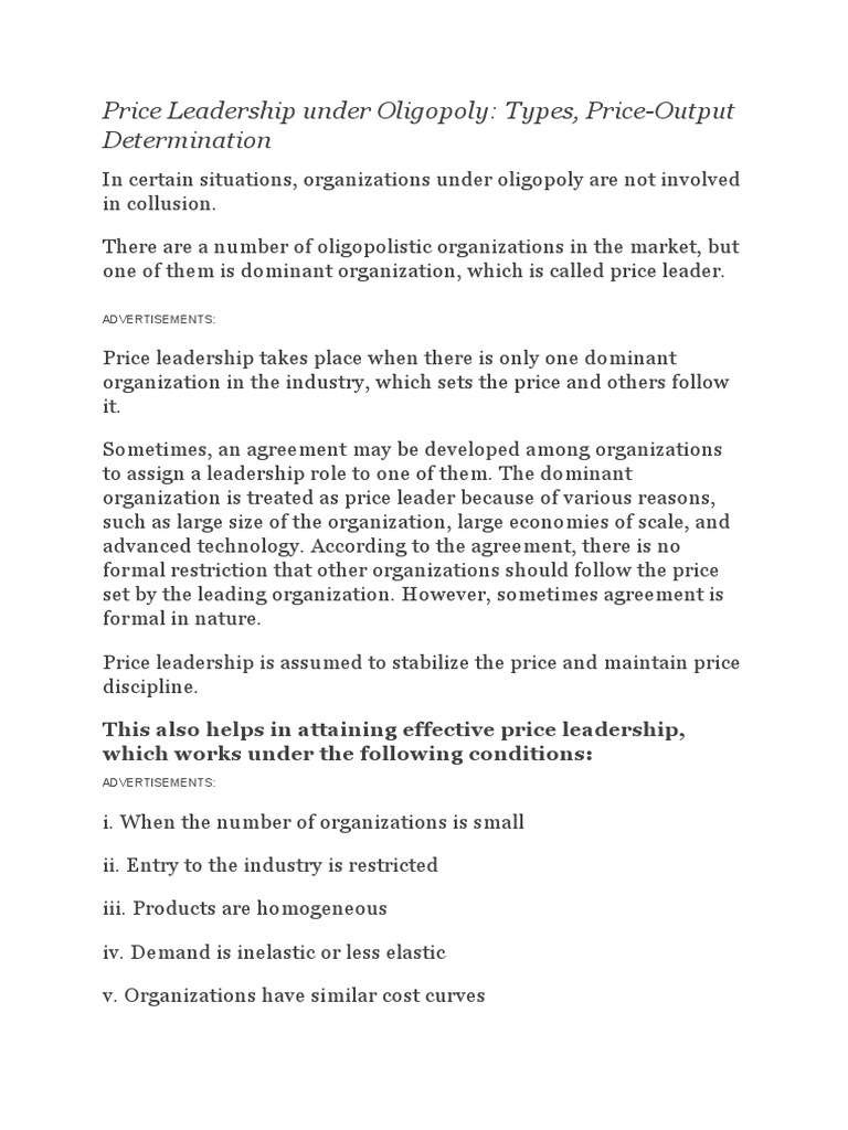 Price Leadership Under Oligopoly | Download Free PDF | Oligopoly | Demand Price Leadership Under Oligopoly | Download Free PDF | Oligopoly | Demand