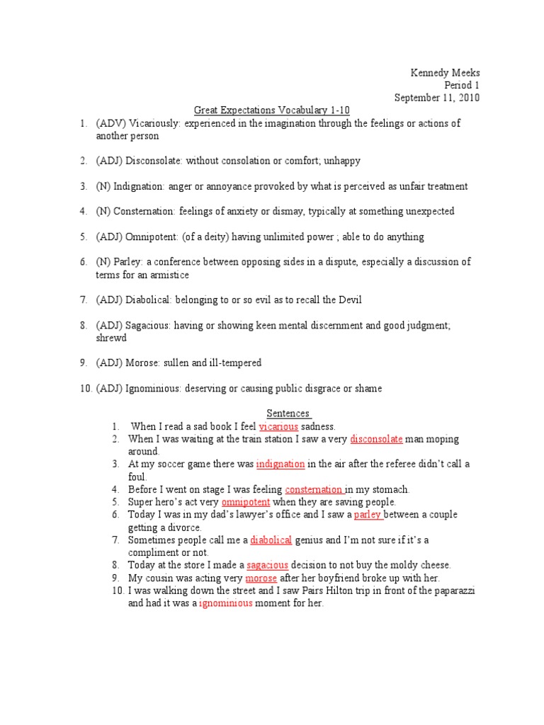 Great Expectations Vocabulary List 1-10 | PDF
