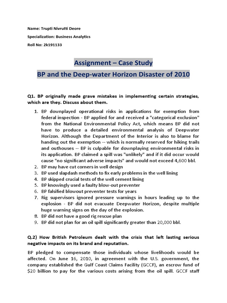 BP Case Study | PDF | Bp | Deepwater Horizon Oil Spill