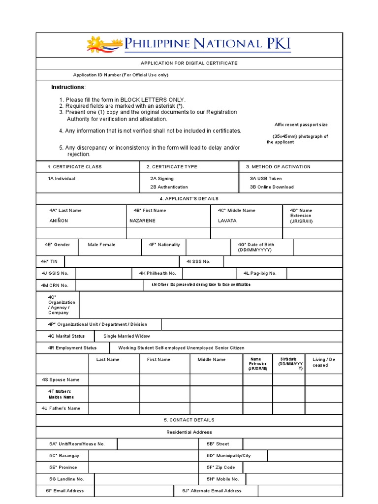 PNPKI Individual Certificate Application Form Fillable v2.6.2 | PDF ...