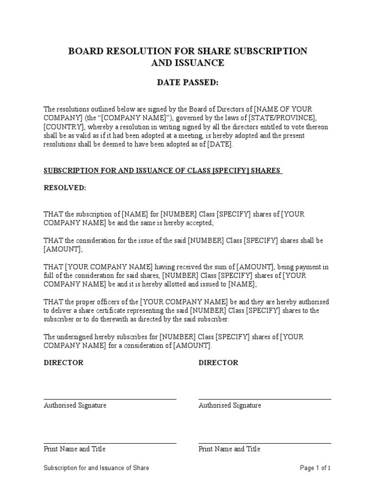 Resolution For The Subscription and Issuance of Shares | PDF