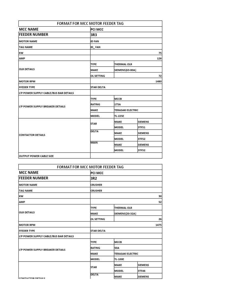Format For MCC Motor Feeder Tag | PDF | Power Supply | Watt