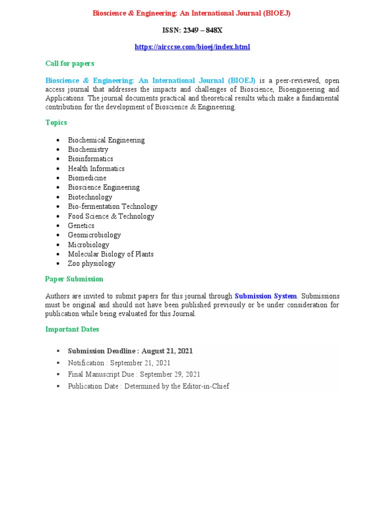 Bioscience Engineering An International Journal BIOEJ | PDF