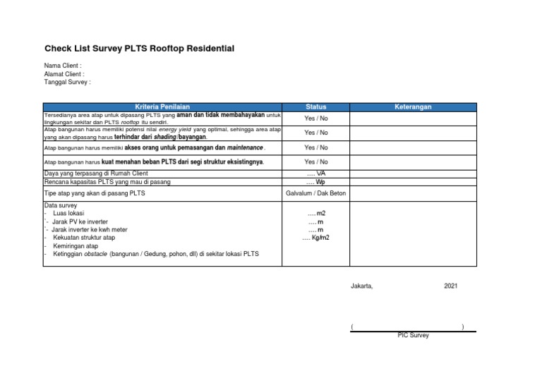 SURVEY CHECKLIST FOR ROOFTOP RESIDENTIAL SOLAR POWER PLANTS | PDF