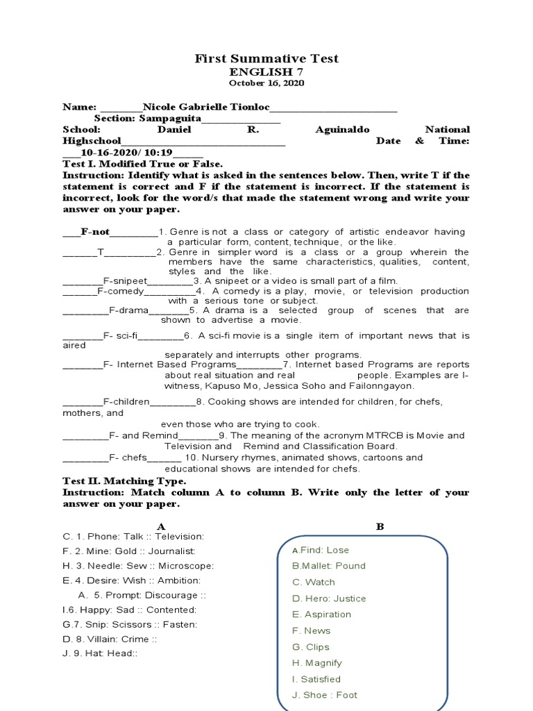 First Summative Test - October 16, 2020 Module 1 and 2 | PDF