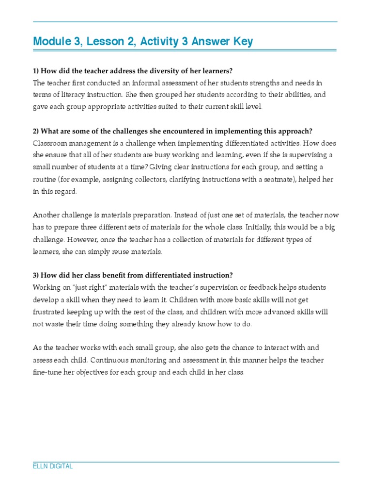 Module 3, Lesson 2, Activity 3 Answer Key: 1) How Did The Teacher ...