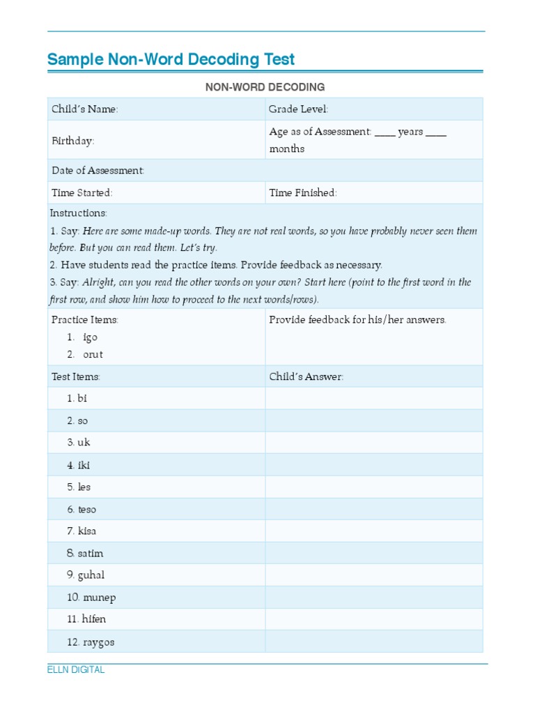 Sample Non-Word Decoding Test | PDF