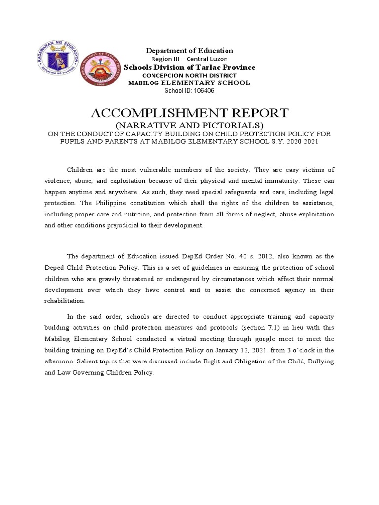 Child Protection Policy Accomplishments | PDF | Child Protection ...