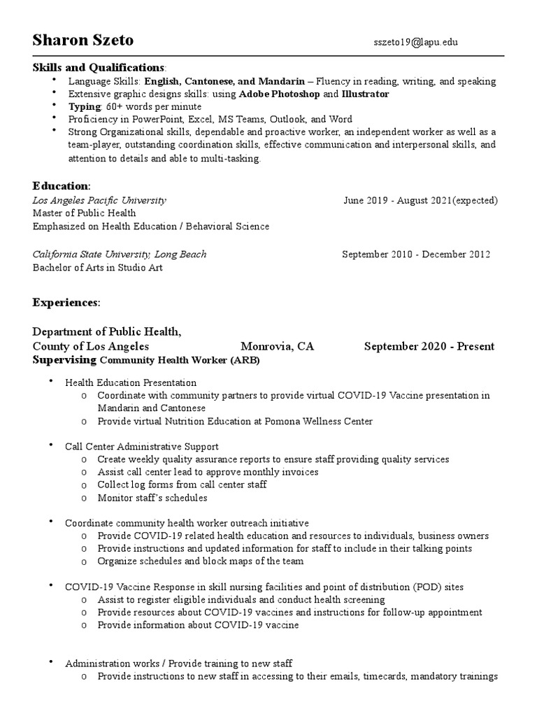 Sharon Szeto Resume | PDF | Health Care | Health Education