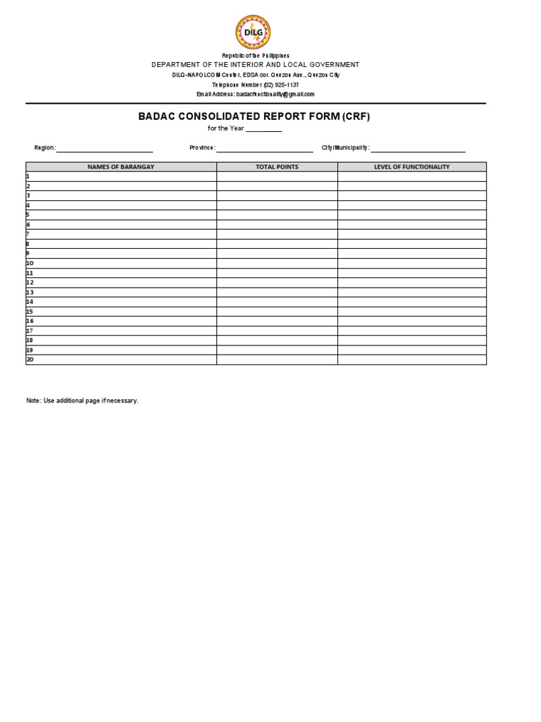 Badac Consolidated Report Form (CRF) : Department of The Interior and ...