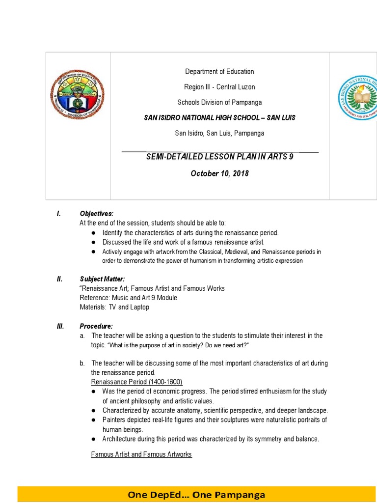 Semi Detailed Lesson Plan in Art 9 | PDF | Renaissance | Renaissance Art