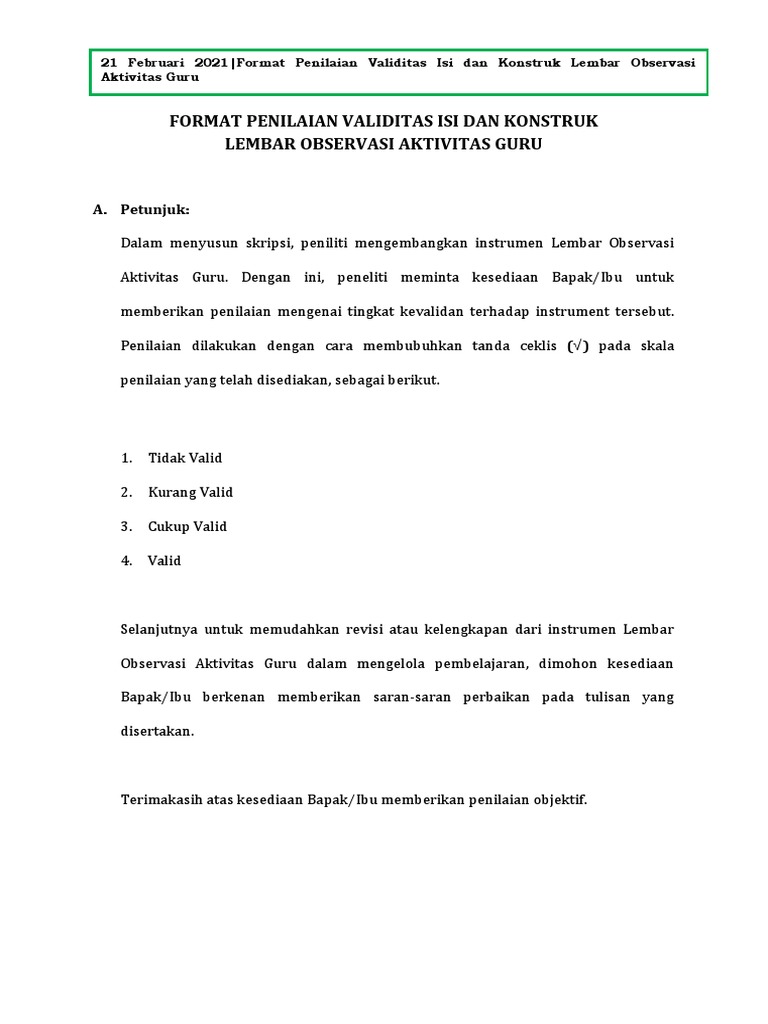 Format Penilaian Validitas Isi Dan Konstruk Lembar Observasi Guru | PDF