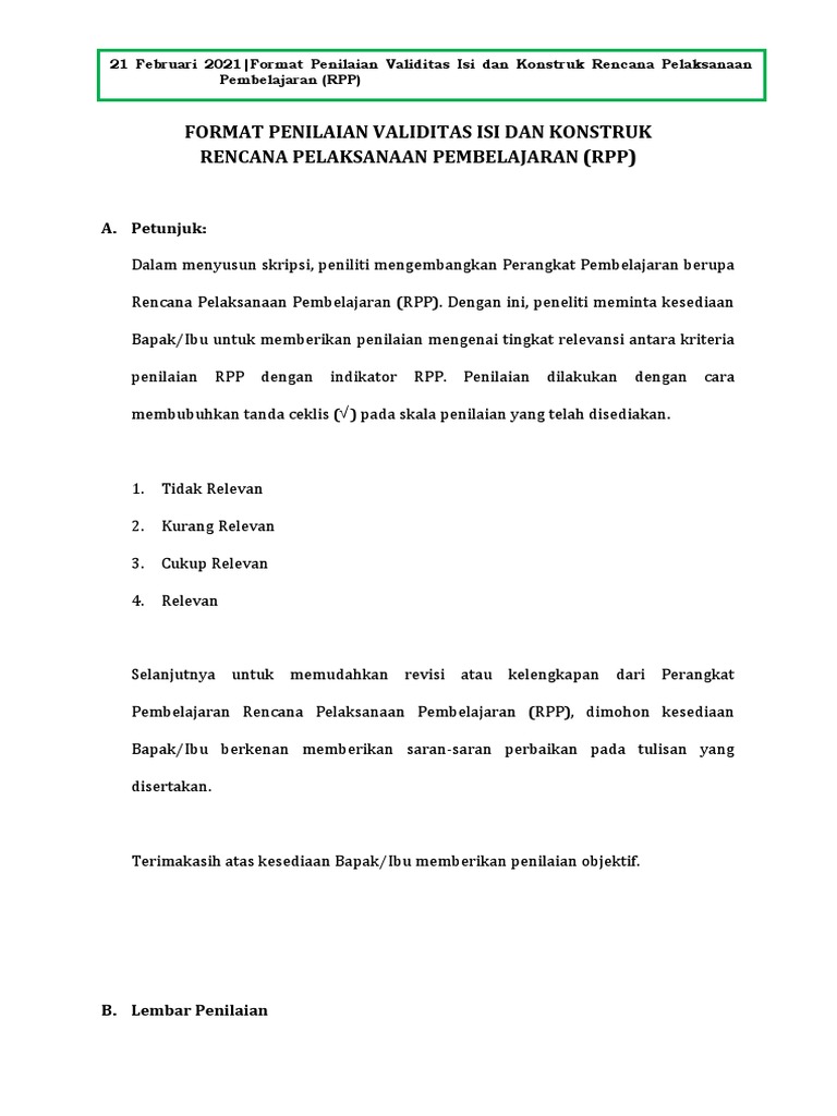 Format Penilaian Validitas Isi Dan Konstruk Rencana Pelaksanaan ...