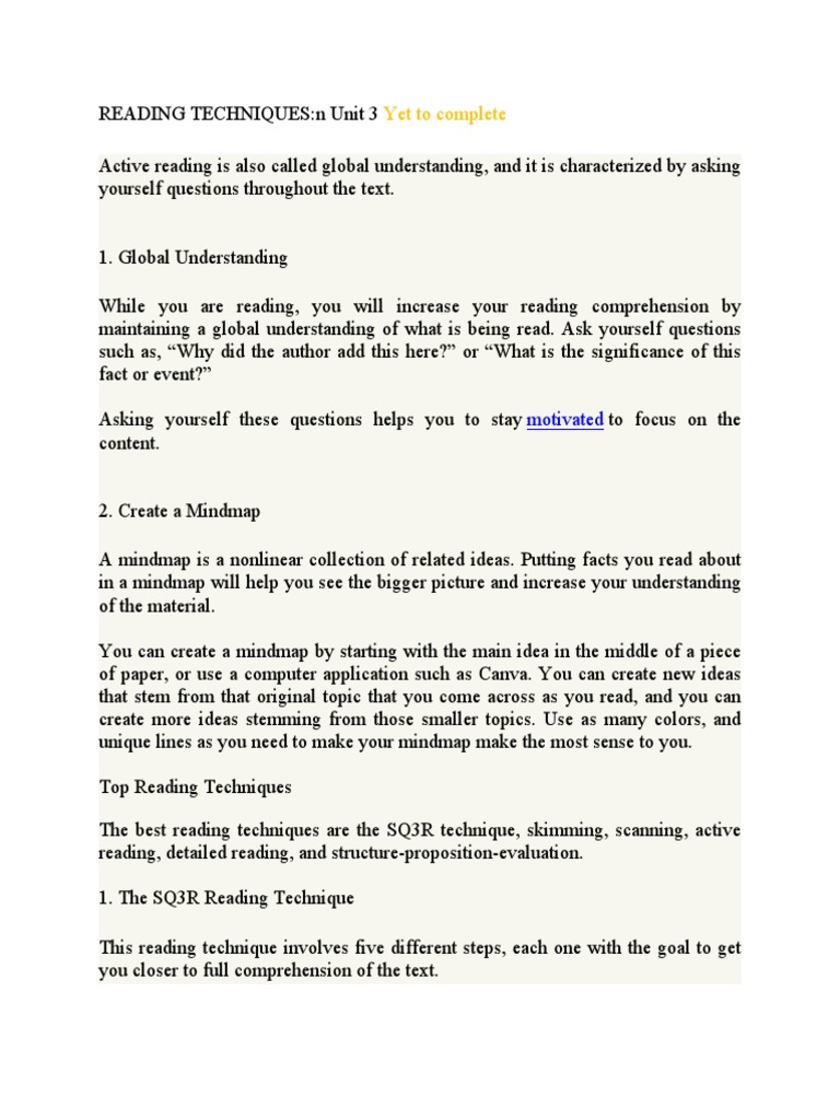 UNIT 3 Reading Techniques & Note Making Techniques | PDF | Learning ...