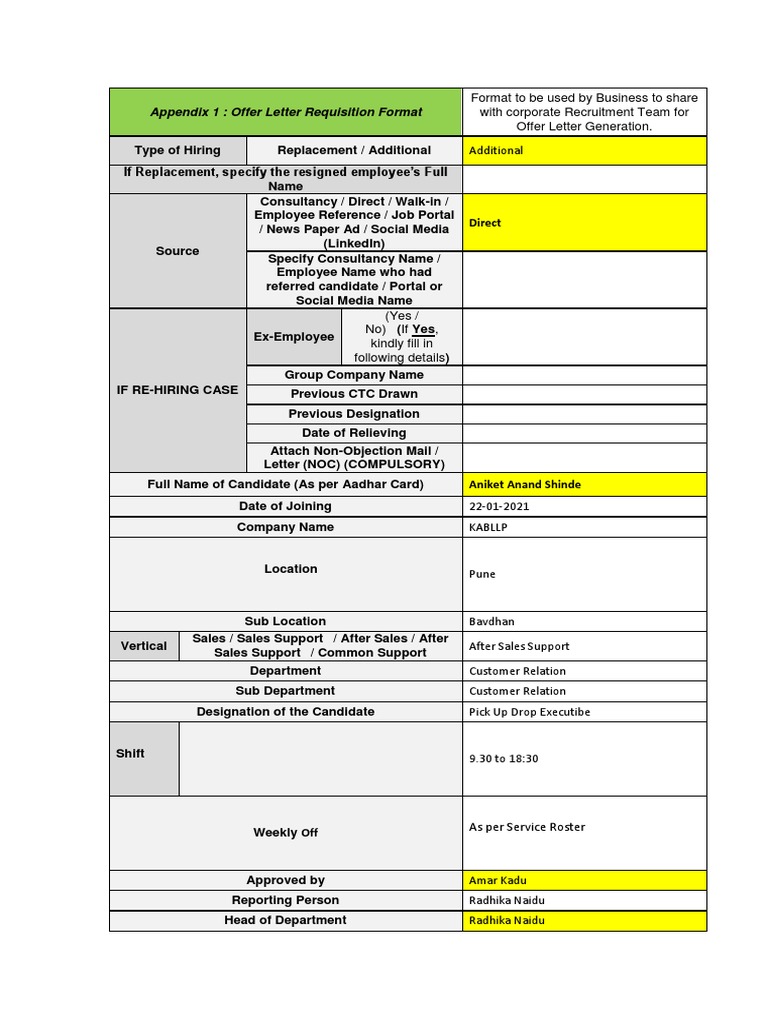 Appendix 1: Offer Letter Requisition Format | PDF | Business