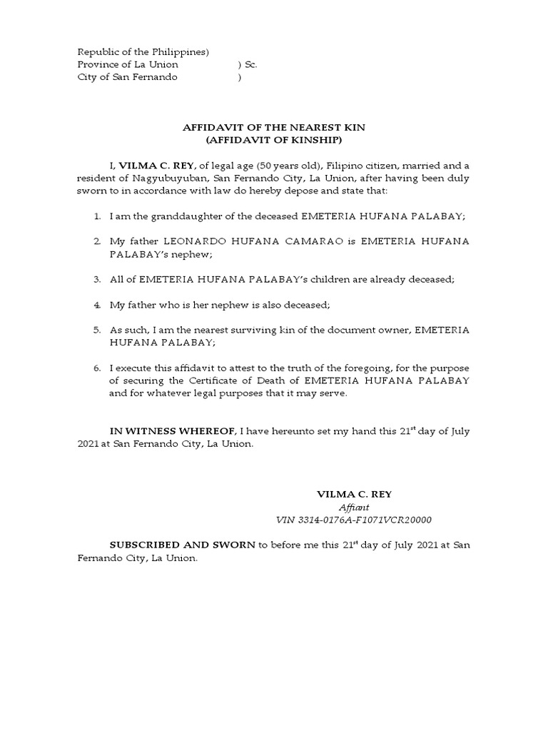 Affidavit of Nearest Kin - Vilma Rey | PDF | Law