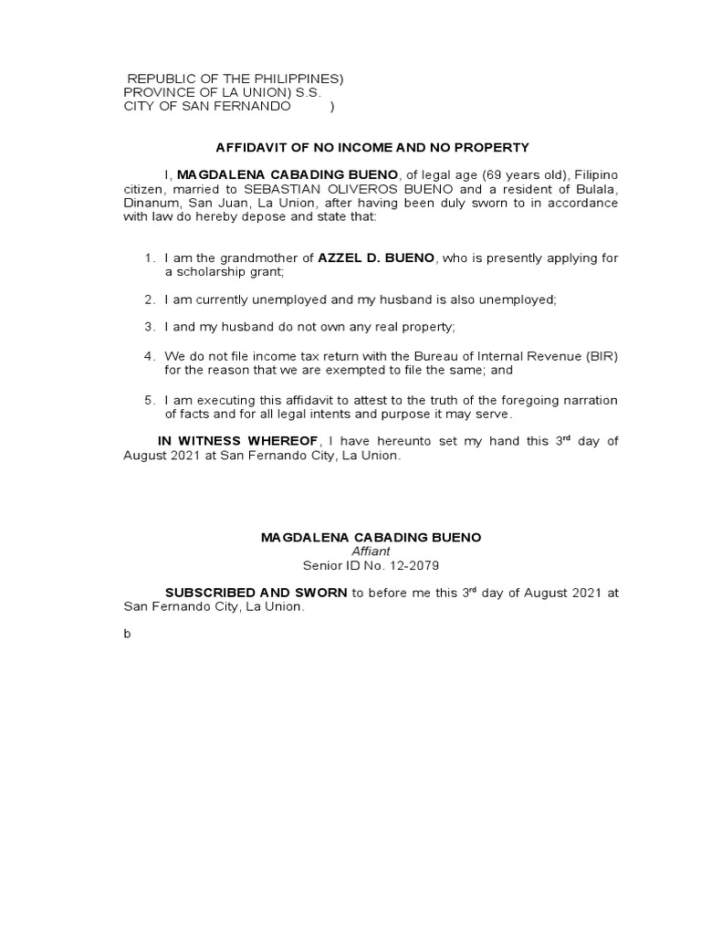 AFFIDAVIT OF No Income and No Property - Bueno | PDF
